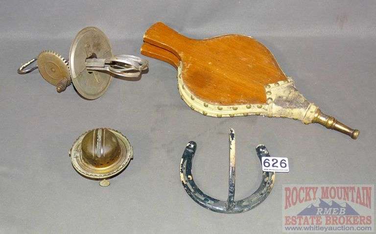 Vintage bellows, horse shoe hook, mixer & kerosene lamp top. All for ...