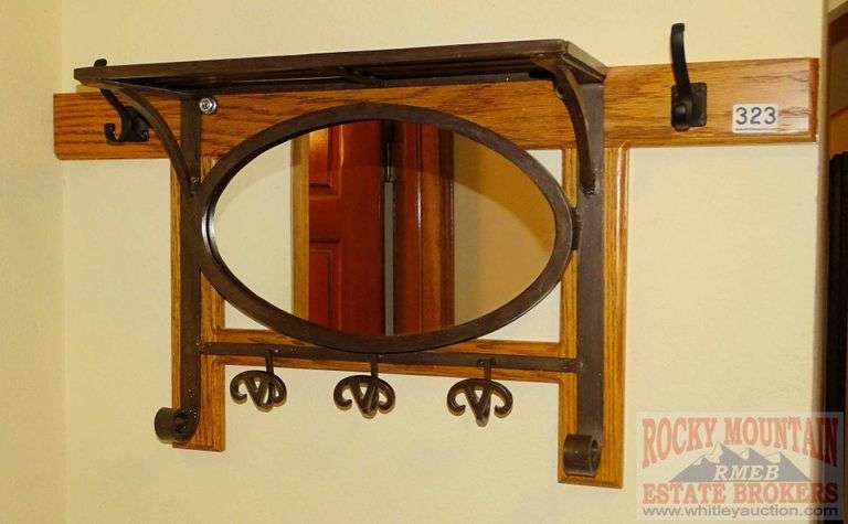 Very nice oak & wrought iron mirrored wall mount coat rack. 16x32 ...