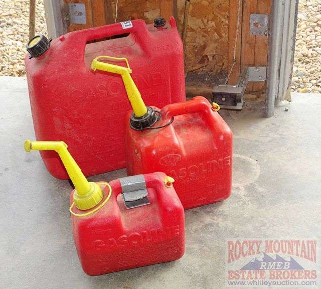 3 Assorted gas cans. 5 gallon, 2 gallon & 1 gallon. 1 gallon gas can is ...