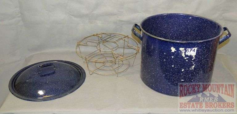 Large vintage blue graniteware canner with jar rack. 11"X14". - Rocky ...