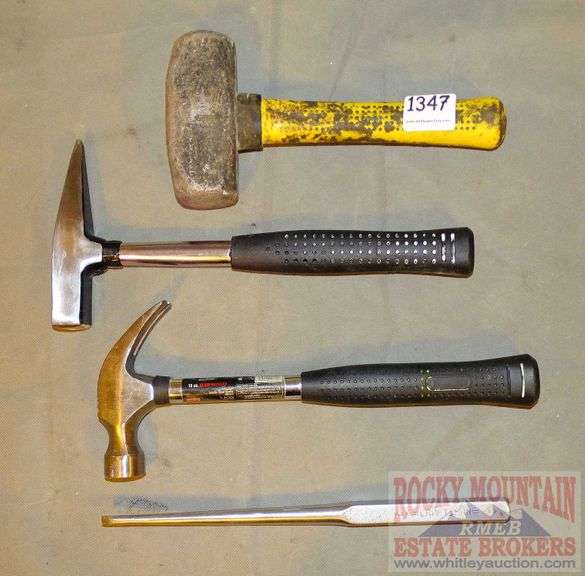 Sledge hammer, claw hammer, rock hammer & large center punch. All for ...