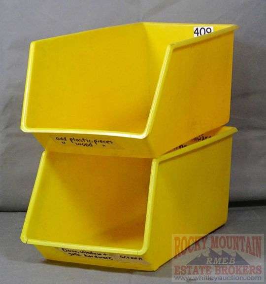 17 nice yellow plastic stacking parts bins. Each bin is 7"X9"X16 ...
