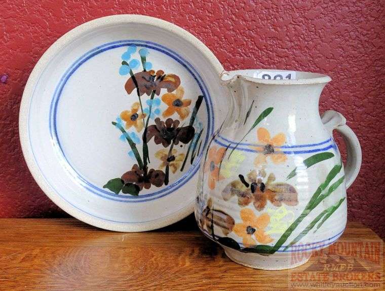 Hand made, artist signed pottery pitcher & matching plate, pitcher is 7 ...