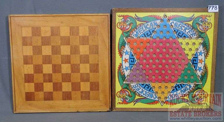 Neat Inlaid Wood Checker Board & Vintage Chinese Checker Board. Both ...