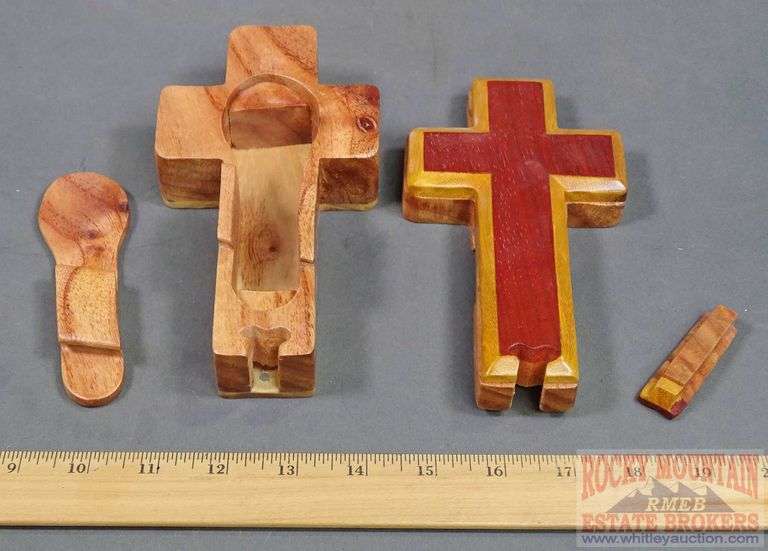 Very cool hand-crafted wooden 4 piece Cross puzzle box, 6.5" high ...