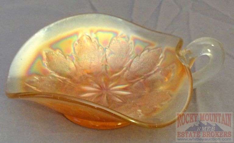 Vintage Marigold Carnival Glass nappy bowl with handle. - Rocky ...