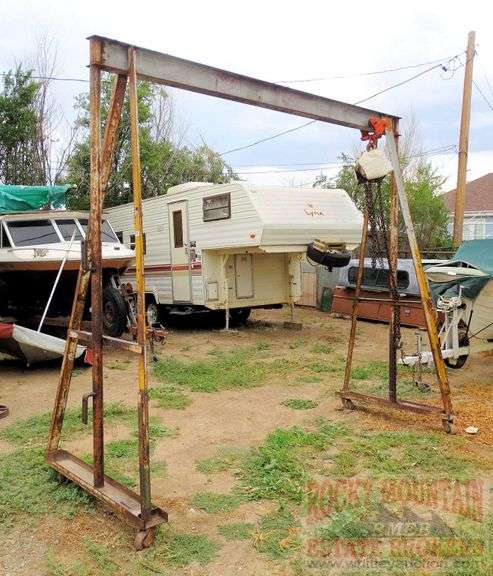 Shop-built steel A-frame rolling gantry with Yale trolley & Fairline 1 ...