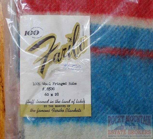 Vintage Faribo 60"X28" wool fringed lap blanket with original paper tag ...