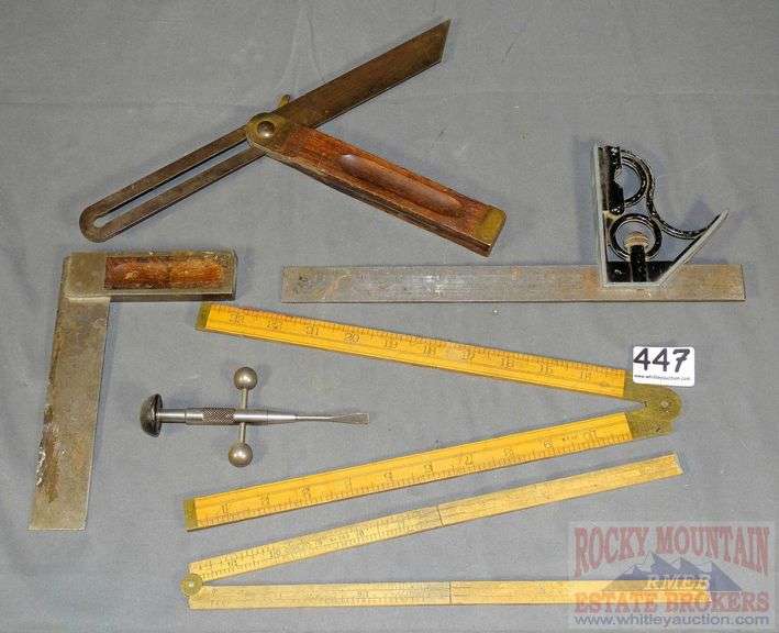 2 wood & brass 24" folding rules, wood & brass bound square & scribe ...