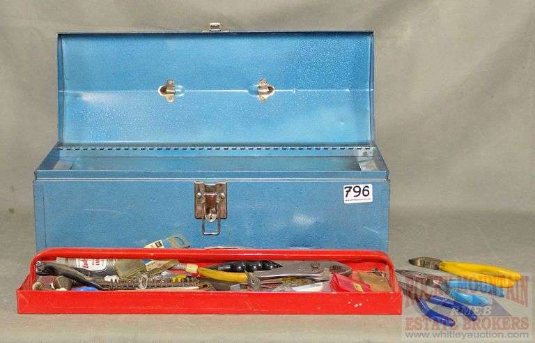 19" metal tool box with lift-out tray, hand tools, hinges, door ...