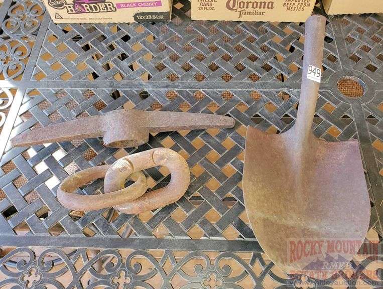 Antique miner's pick head, chain link & spade head. All for one money ...