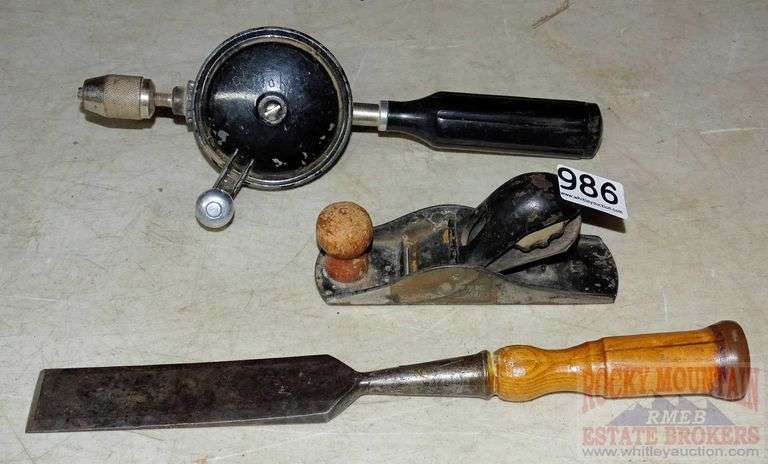 Vintage hand crank drill with bits in handle, small block plane and 1-1 ...