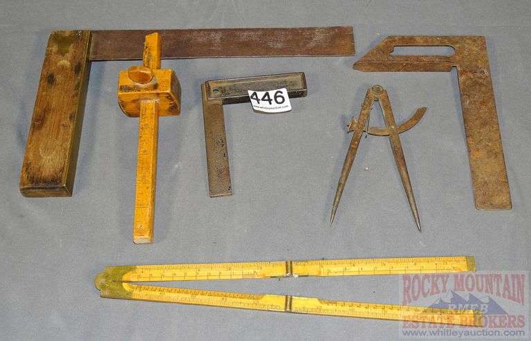 Nice folding wood & brass 24" rule, 12" brass bound & wood square ...