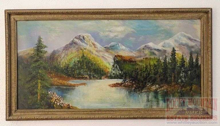 Vintage artist signed original oil on artist board Mountain scene ...