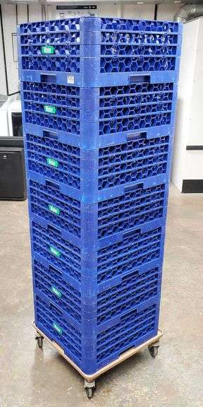 175 Water Goblets & 7 Blue Glass Crates with Rolling Glass Crate Dolly ...