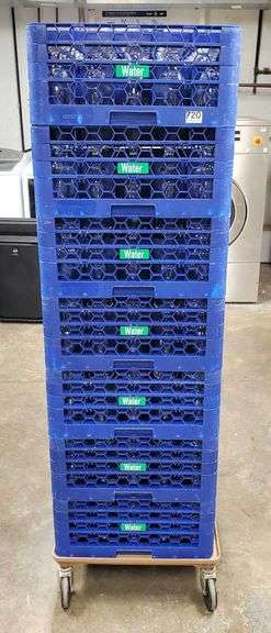 175 Water Goblets & 7 Blue Glass Crates with Rolling Glass Crate Dolly ...
