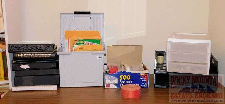 3 drawer organizer, file box, lots of assorted envelopes, roll of ...