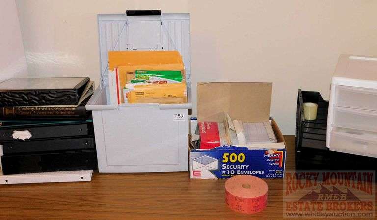 3 drawer organizer, file box, lots of assorted envelopes, roll of ...