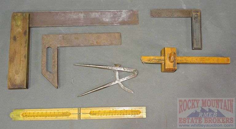 Neat vintage drafting squares, scribe, folding wooden ruler & more. All ...