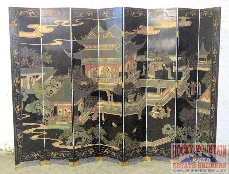 Fantastic 8-Panel Black Lacquer Dressing Screen - Room Divider with ...