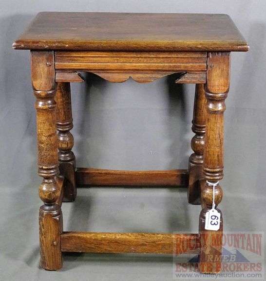 Vintage Wooden Stool - Side Table with Turned Legs, Carved Stretchers ...