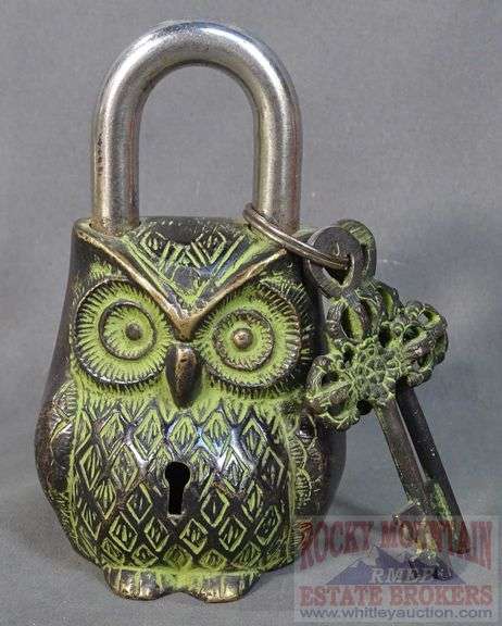 Detailed 4.5" Cast Brass Owl Garden Gate Padlock with 2 Fancy Skeleton ...