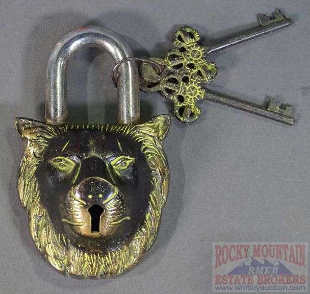 Large Heavy 5.5" Cast Brass Lion's Head Garden Gate Padlock with 2 ...