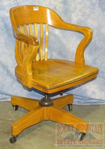 Antique Oak Roll Around Armed Office Chair with Curved Back Spindles ...