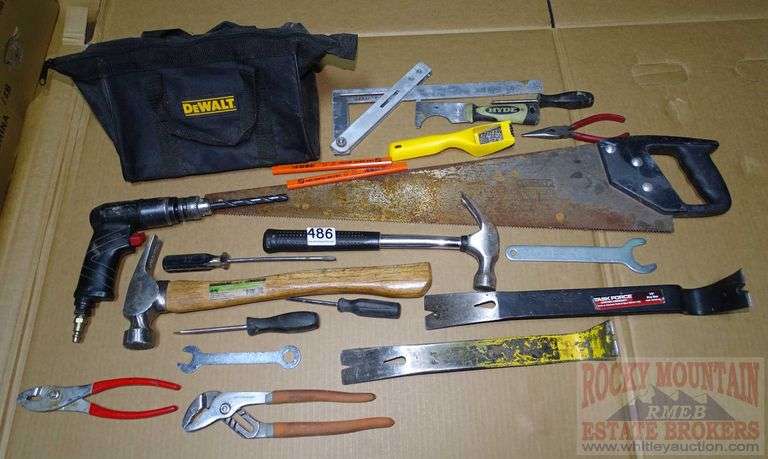 DeWalt Tool Bag, Husky Pneumatic Drill, Hand Saw, Pry Bars, Channel ...