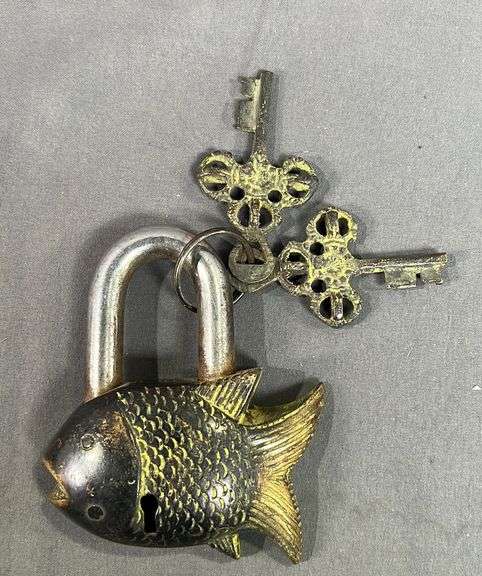 3" Cast Brass Small Fish Garden Gate Padlock with 2 Fancy Skeleton Keys ...