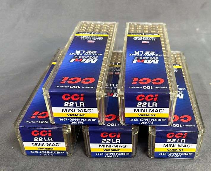5 New Boxes of 100 CCi Mini-Mag .22LR 36 Gr. Hollow Point Cartridges. 5 ...