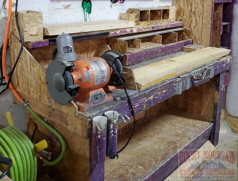 Shop Built Wooden Work Bench with Bench Grinder, Air Hose Reel ...