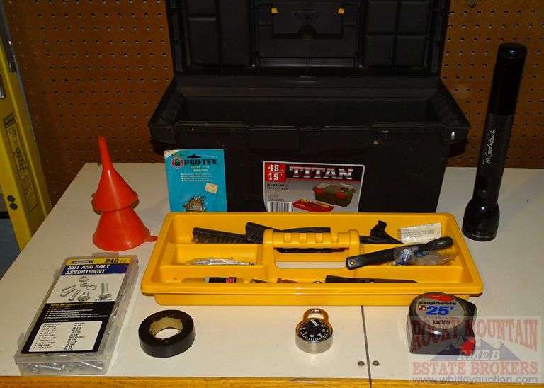 Titan Plastic Tool Box W/ Tray, Fasteners, Tape Measure, Flashlight ...