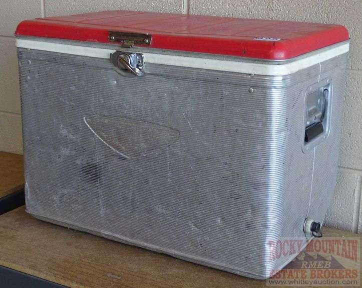 Cool Vintage Aluminum Cooler with Red Lid. This has a dent here and ...