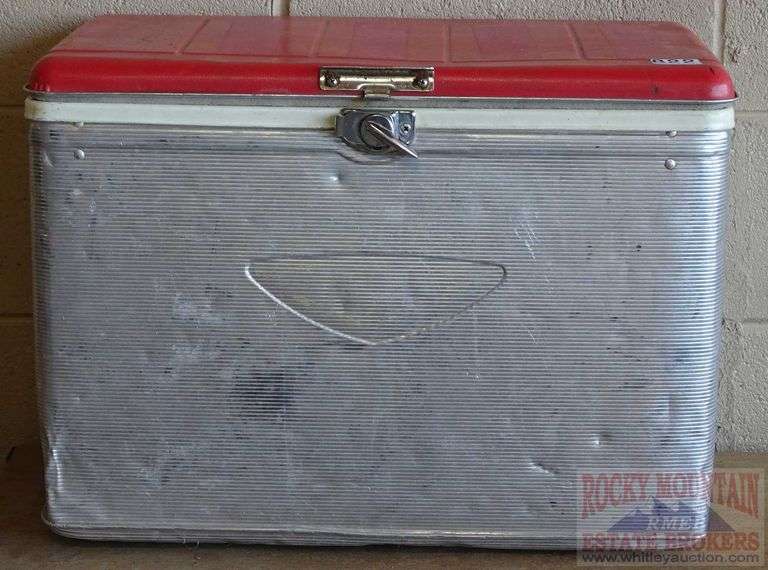 Cool Vintage Aluminum Cooler with Red Lid. This has a dent here and ...