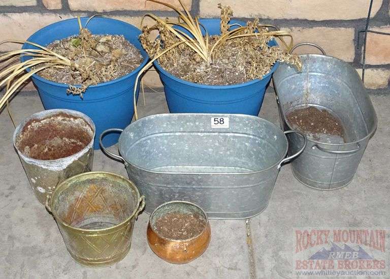 Asst. Brass & Other Planters & Two Galvanized Basins. Basins are 14 ...