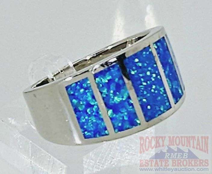 Heavy Sterling Silver Men's Ring with Inlaid Vibrant Blue Opal, size 12 ...
