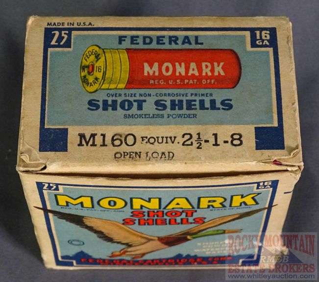 25 Round Box of Monark M160 16 Gauge, 2-1/2" Shot Shells in Vintage Box ...