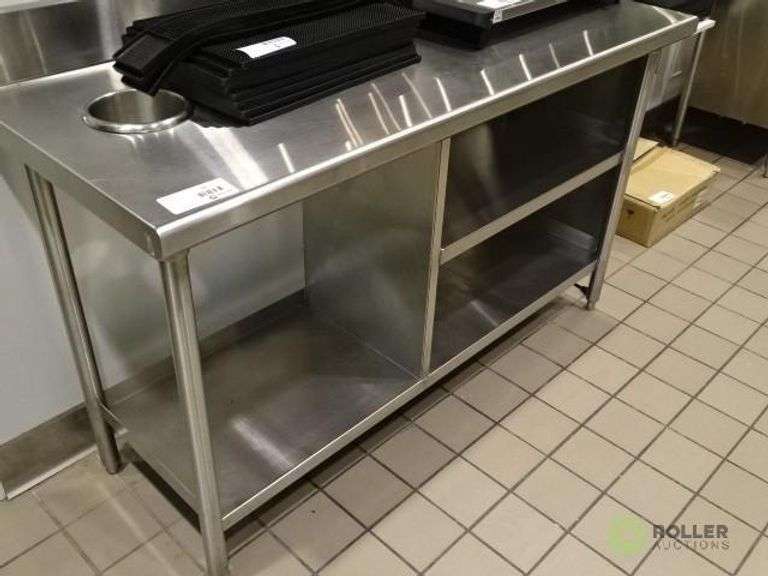 60in x 24in Stainless Steel Table With Trash Hole and 2-Lower Shelves ...