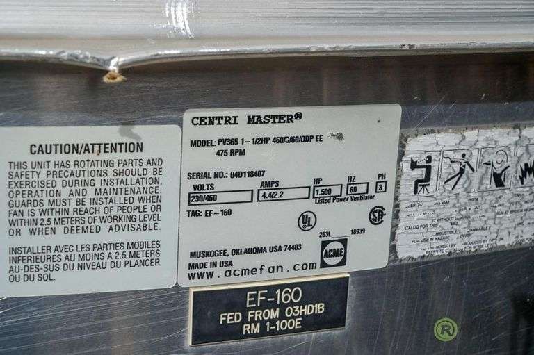 Centri Master PV365-1-1/2Hp Exhaust Fan - Roller Auctions