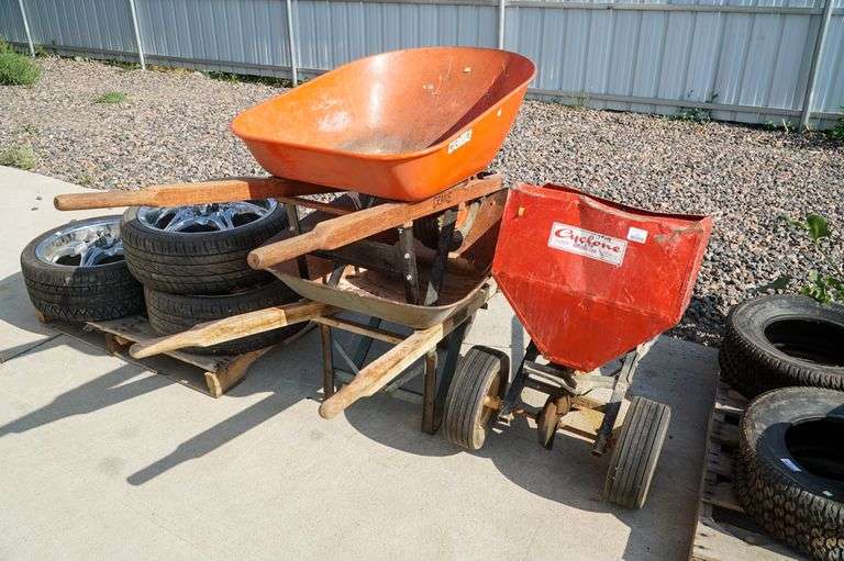 Cyclone 100 Spreader and (2) Wheel Barrows - Roller Auctions
