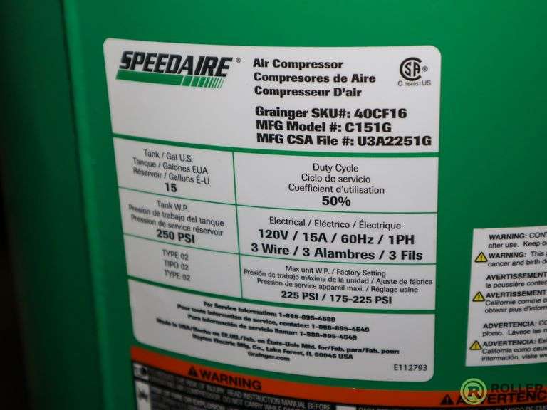 Speedaire 40CF16 Vertical Air Compressor, 15-Gallon, 225-PSI, 1.5Hp ...