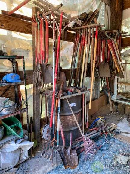 Pitch Forks, Shovels and 55-Gallon Drum of Pitch Axes - Roller Auctions