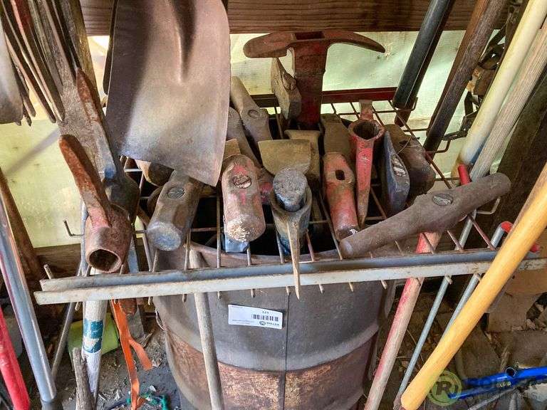 Pitch Forks, Shovels and 55-Gallon Drum of Pitch Axes - Roller Auctions