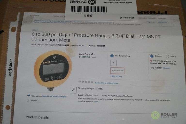 Fluke 700GA27 0-300 PSI Digital Pressure Gauge - Roller Auctions