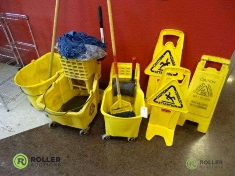 (3) Mop Buckets, Caution Signs, (2) Mops, Broom - Roller Auctions