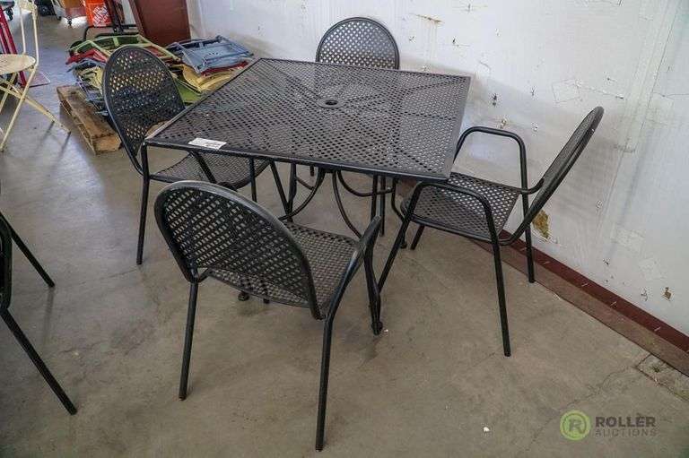 36in Square Wrought Iron Patio Table With (4) Stackable Chairs - Roller ...