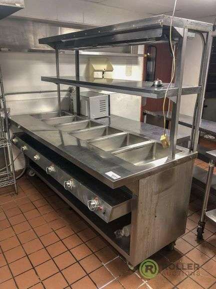 88in 6-Bay Steam Table With Drains, Upper Pass Through Shelf, Overhead ...