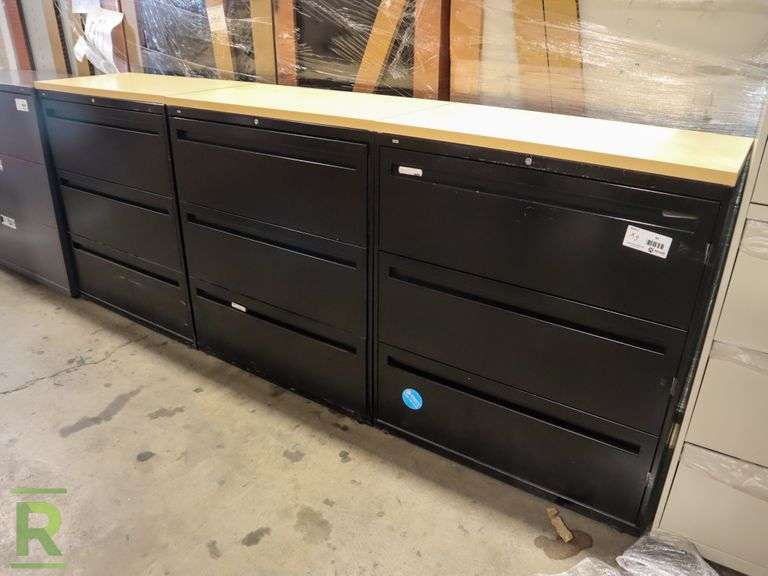 (3) 3-Drawer Lateral File Cabinets with Wood Tops - Roller Auctions