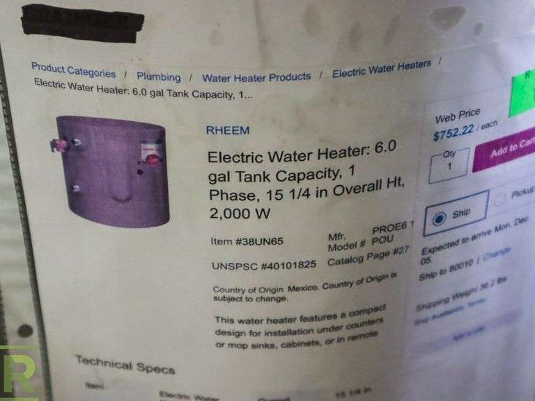 Rheem ProE6 1 RH POU Electric Water Heater - Roller Auctions Rheem ProE6 1 RH POU Electric Water Heater - Roller Auctions